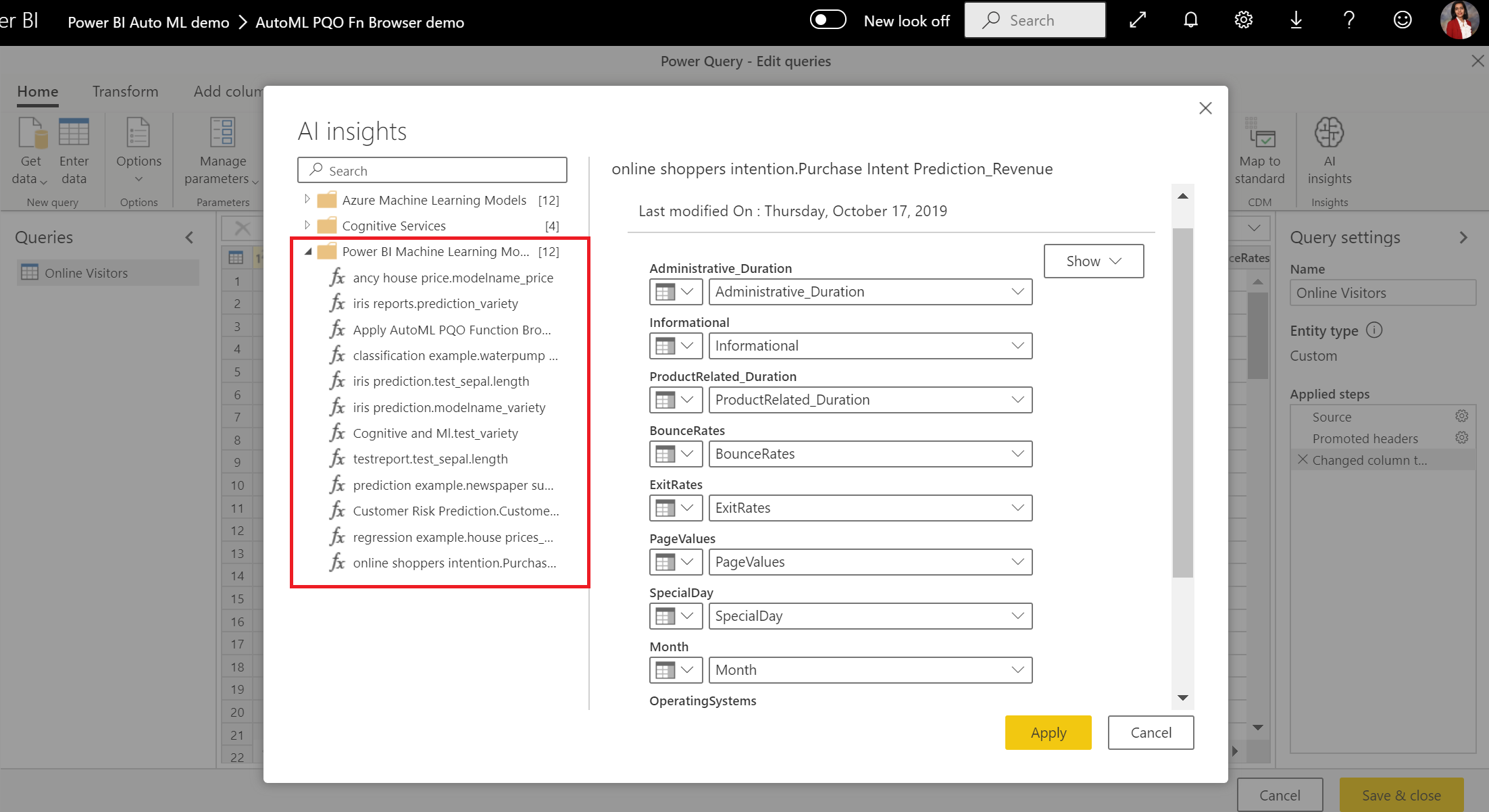 AutoML now supports applying models in PQO Function Browser | Microsoft Fabric Blog | Microsoft ...